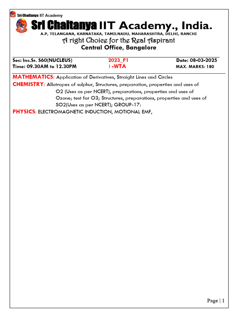 08-03-2025 - Inc - Sr.S60 (NUCLEUS) - JEE Adv - I-WTA-2023-P1 - Q.Paper | PDF | Electromagnetic ...