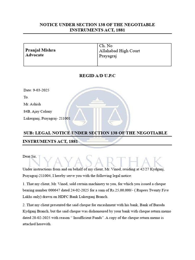 Notice Under Section 138 of The Negotiable Instruments Act | PDF