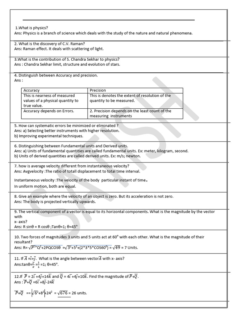 Junior Inter Physics Very Short Answer Questions and Problems (V.S.A-1 ...