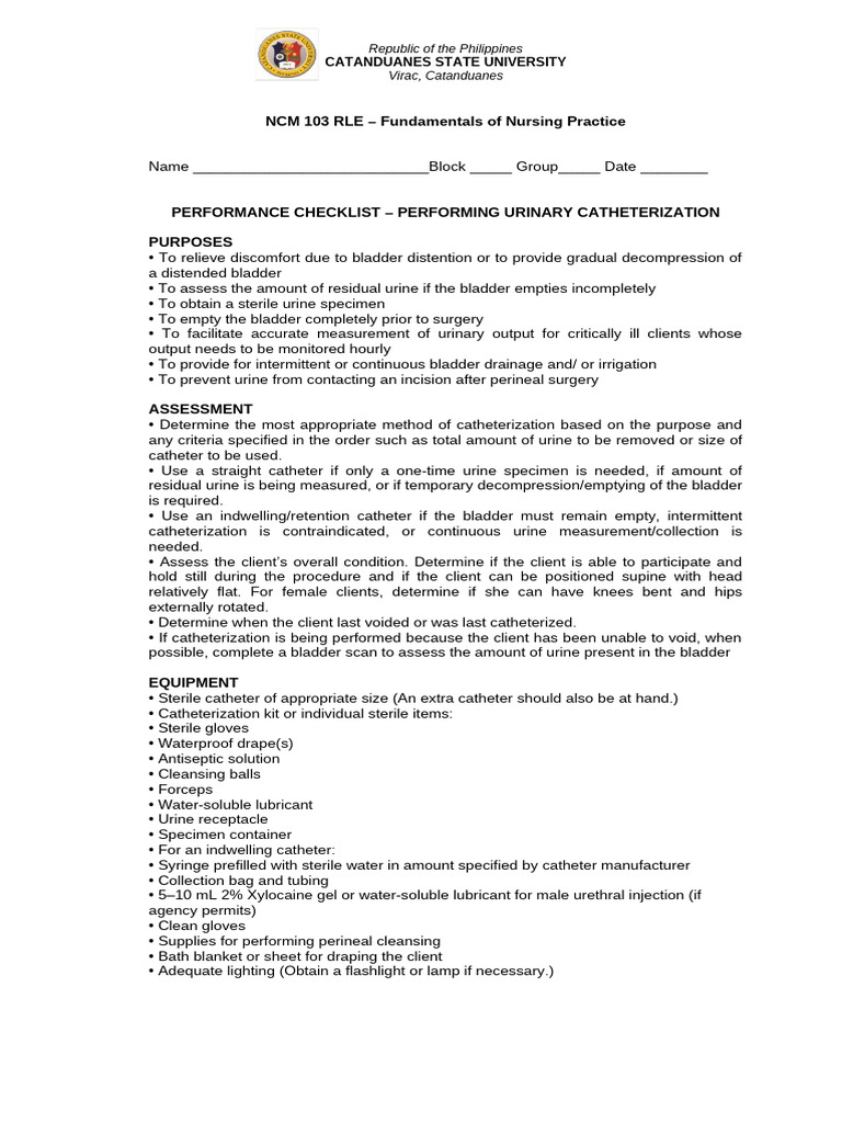 Performing Urinary Catheterization Checklist | PDF | Catheter ...