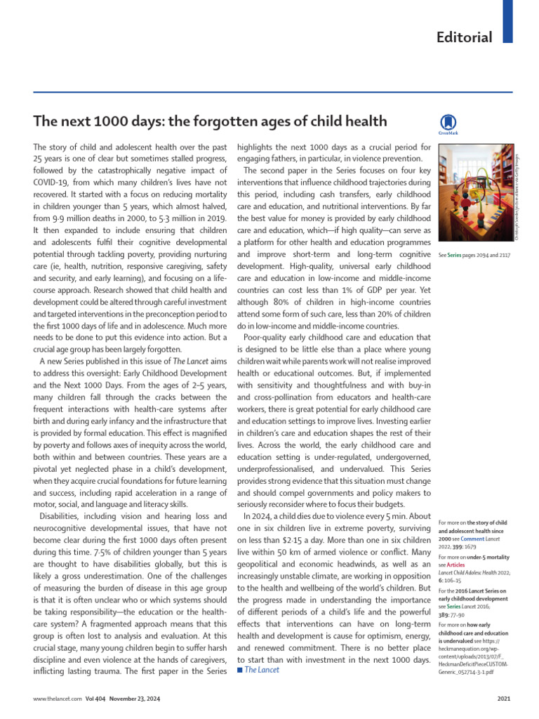 Lancet 2024 (Next 1000 Days Forgotten Ages Editorial) | PDF | Violence ...