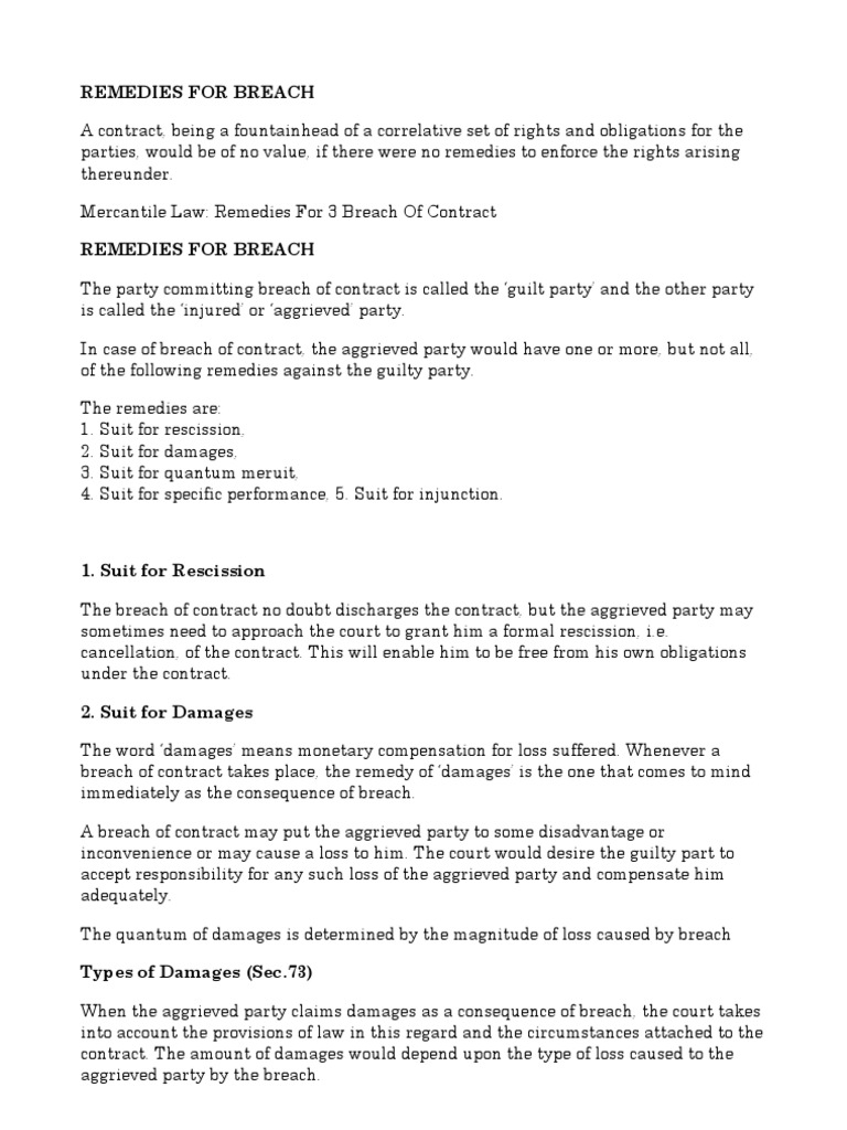 Breach of Contract Remedies Guide | PDF | Specific Performance | Damages