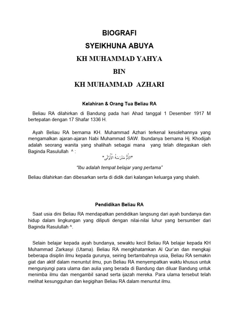 Biografi Syeikhuna Abuya KH Muhammad Yahya Bin KH Muhammad Azhari | PDF