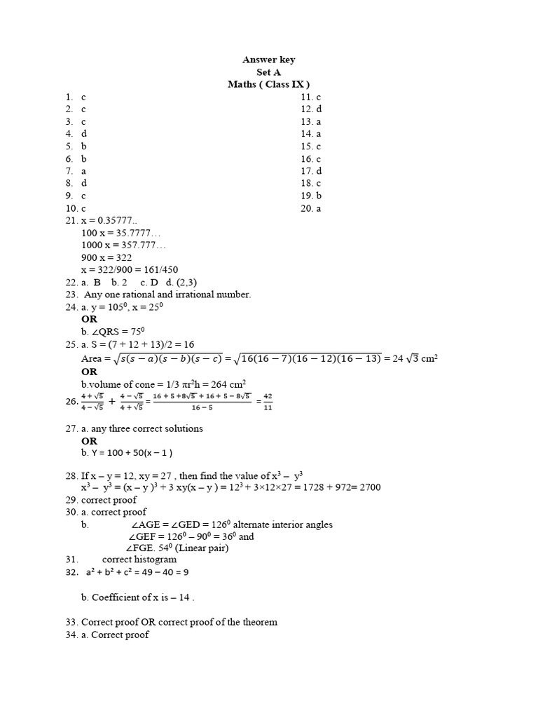 9 Maths Set A & B Answer Key | PDF | Mathematical Analysis | Mathematical Objects