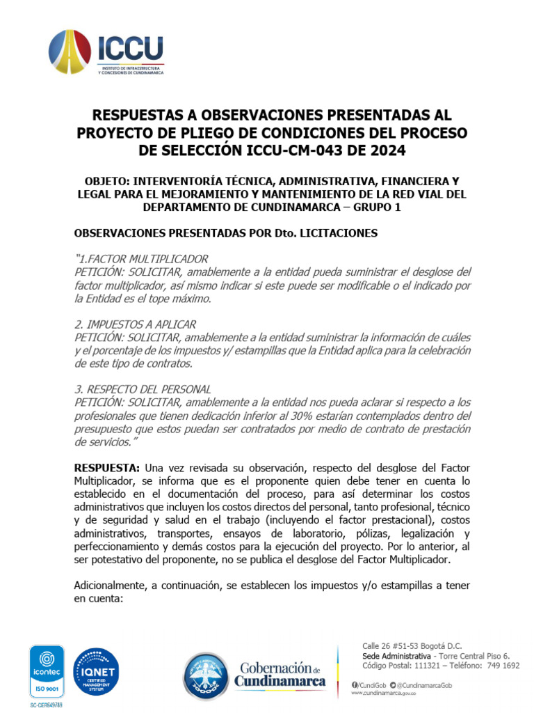 Respuesta Observaciones Proyecto Pliego de Condiciones ICCU-CM-043 de ...