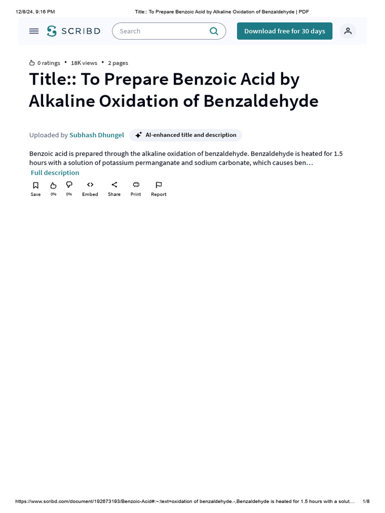 Title - To Prepare Benzoic Acid by Alkaline Oxidation of Benzaldehyde ...