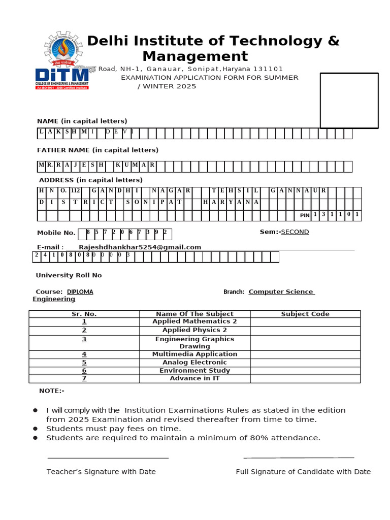 DITM Examination Application Form Clg | PDF