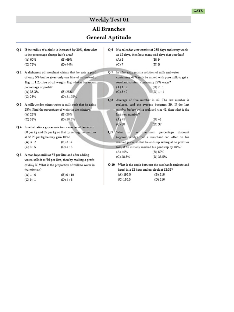 General Aptitude - Weekly Test 01 - Test Paper (By Amulya Sir) | PDF
