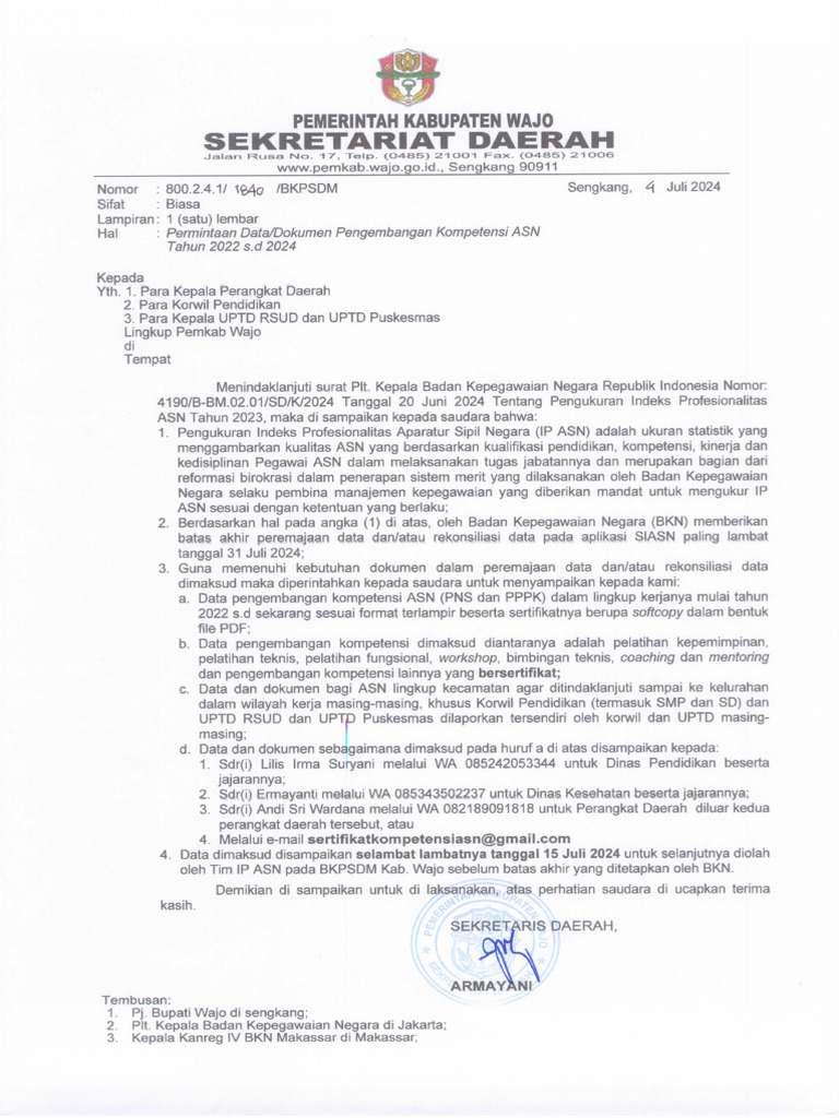 Surat Permintaan Data Pengembangan Kompetensi ASN THN 2022-2024 | PDF