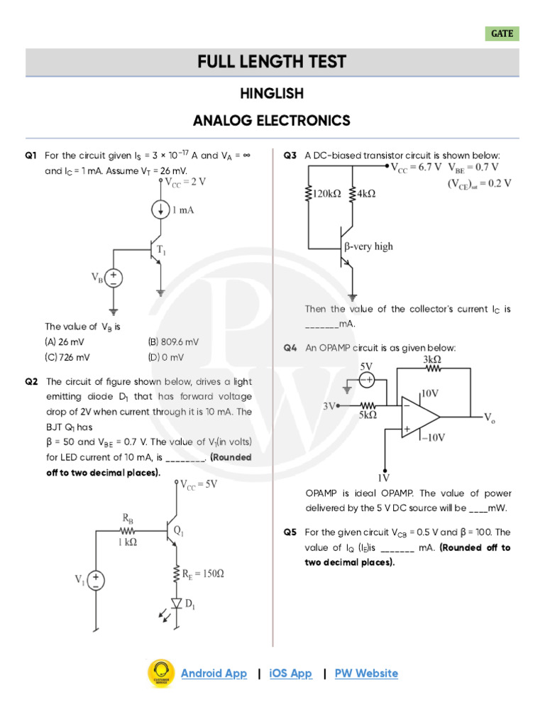 Analog Electronics _ GATE Full Syllabus Test Paper - Copy | PDF ...