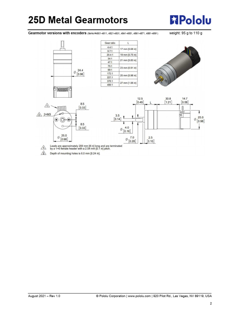Pololu 25d Metal Gearmotors - #4844 | PDF | Electric Motor | Electrical Components
