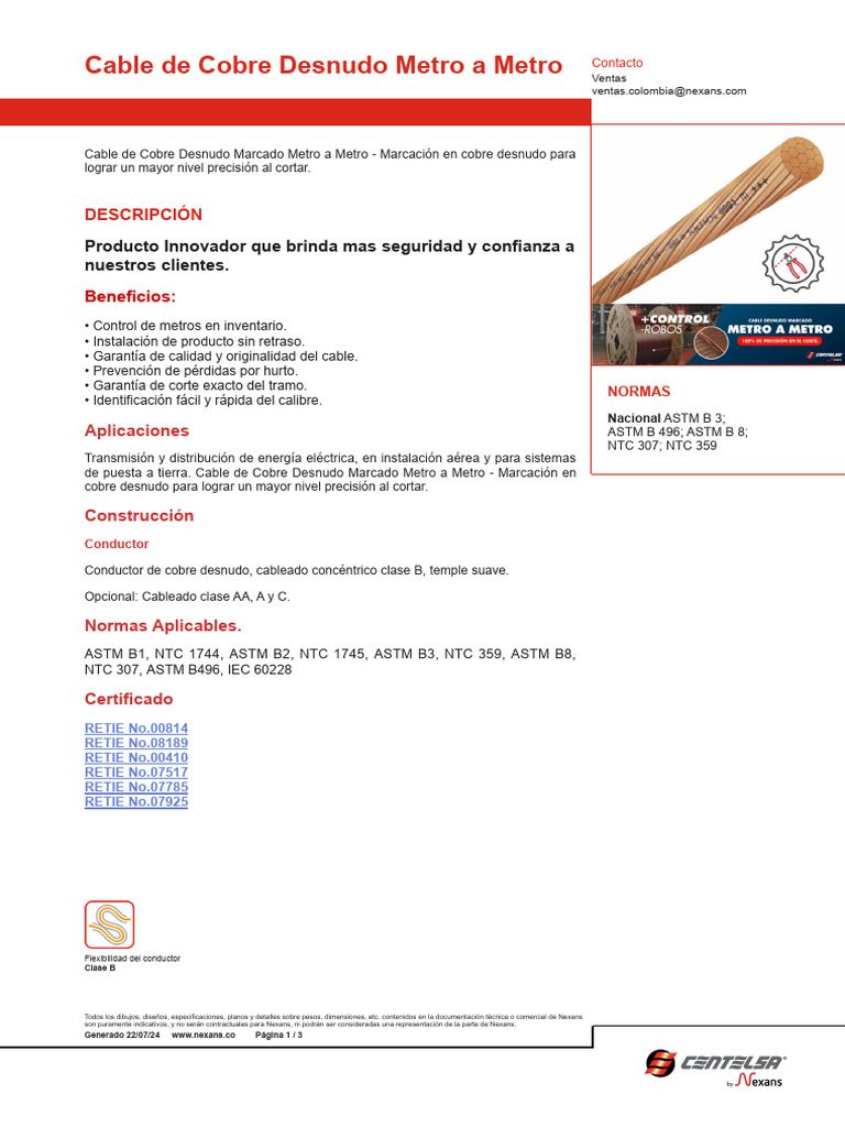 101FT FICHA TECNICA Cable de Cobre Desnudo CENTELSA | PDF | Cobre ...