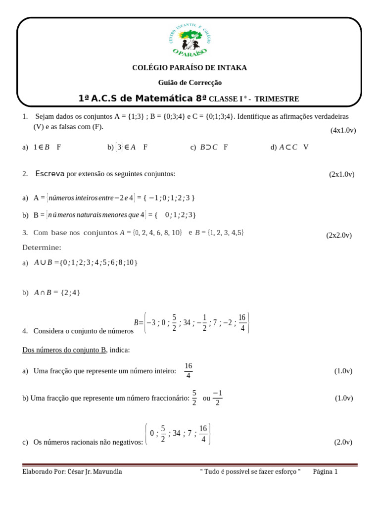 2a ACS de Matematica 8a Guiao de correccao | PDF | Matemática