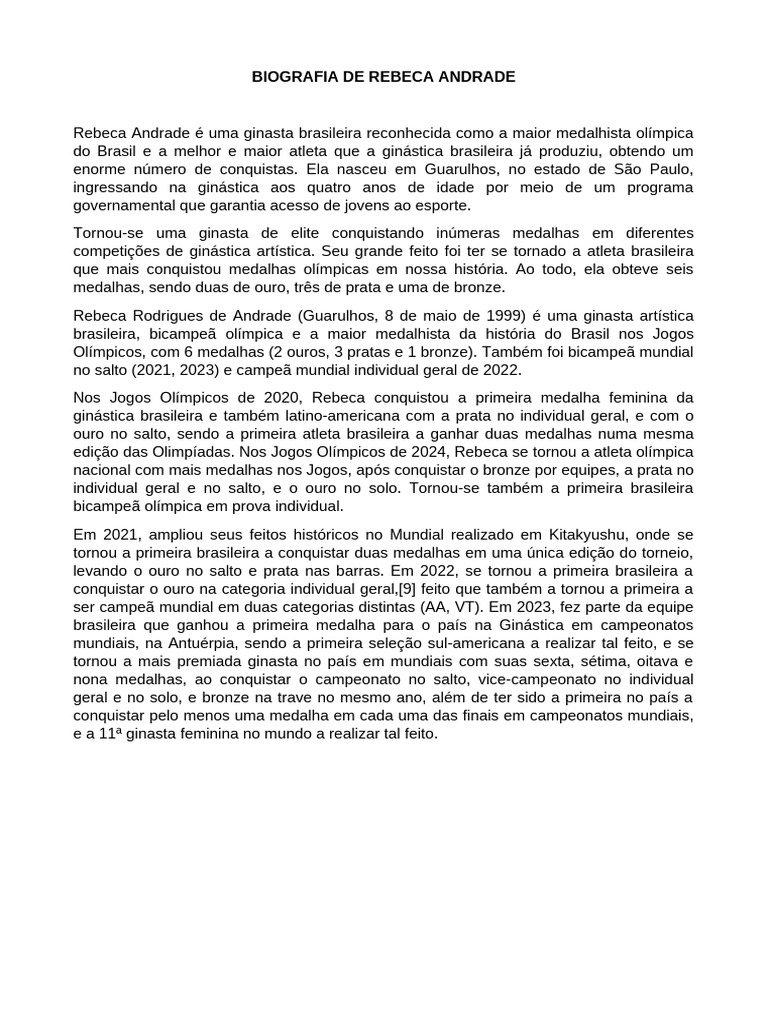 Biografia de Rebeca Andrade, Ginasta Brasileira | PDF | Ginástica ...