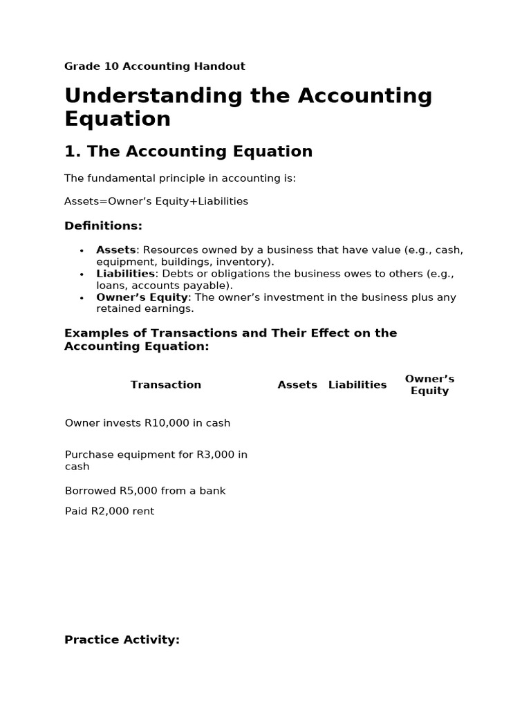 Grade 10 Accounting Equation Guide | PDF | Debits And Credits ...