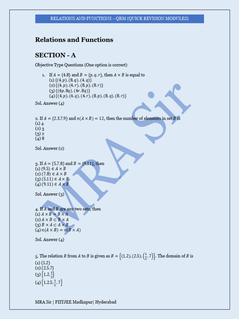 Relations and Functions QRM MRA Sir | PDF | Function (Mathematics) | Functions And Mappings