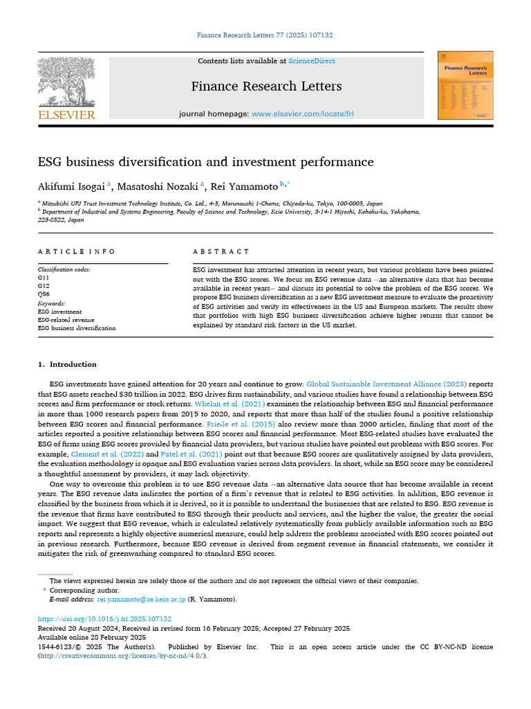 ESG Business Diversification and Investment Perfo 2025 Finance Research Lett | PDF ...