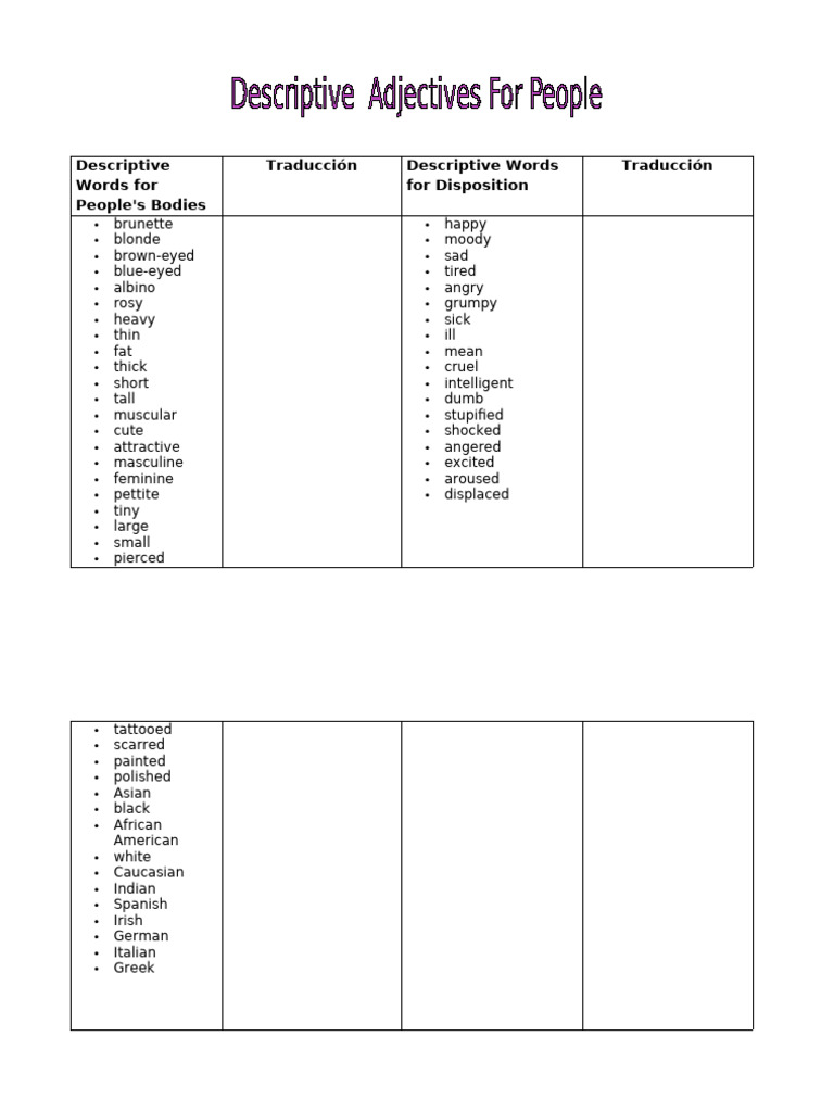 Describing Adjectives For People | PDF | Human Appearance | Color