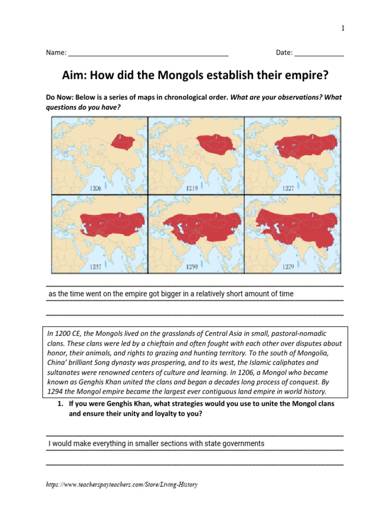 Genghis Khan and The Mongol Establishing An Empire - Student | PDF | Genghis Khan | Mongol Empire