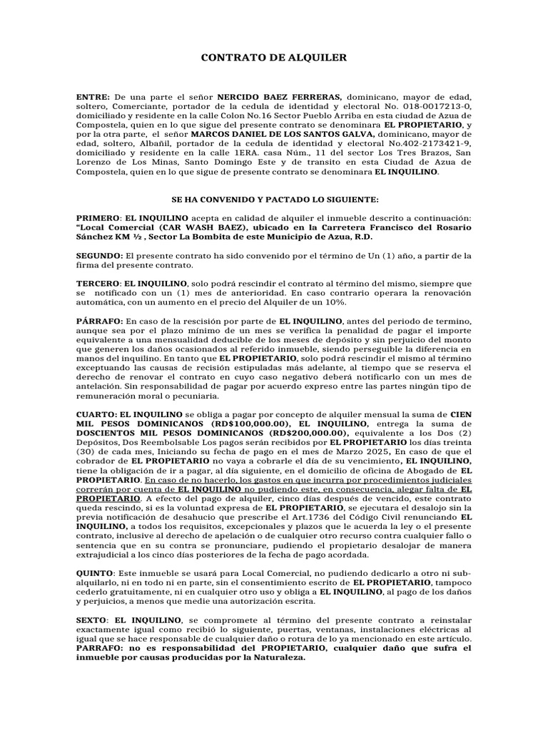Contrato de Alquiler Nelson Baez | PDF | Desalojo