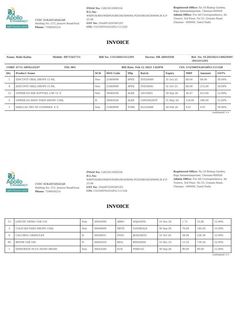 Apollo Medicine InvoiceFeb 16 2025 21 11 | PDF | Health Sciences | Medicine