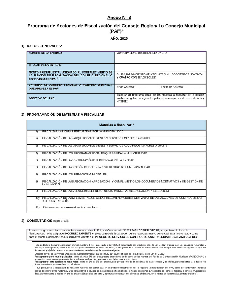 MODELO GENERAL PAF - PLAN DE ACCIONES DE FISCALIZACION 2025 - YUNGAY | PDF | Presupuesto ...