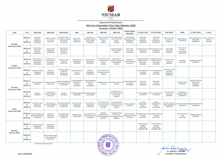 Mid Term Examination Time Table Feb 2025 (Batch 2024 Sem II-UG & PG Prog) | PDF