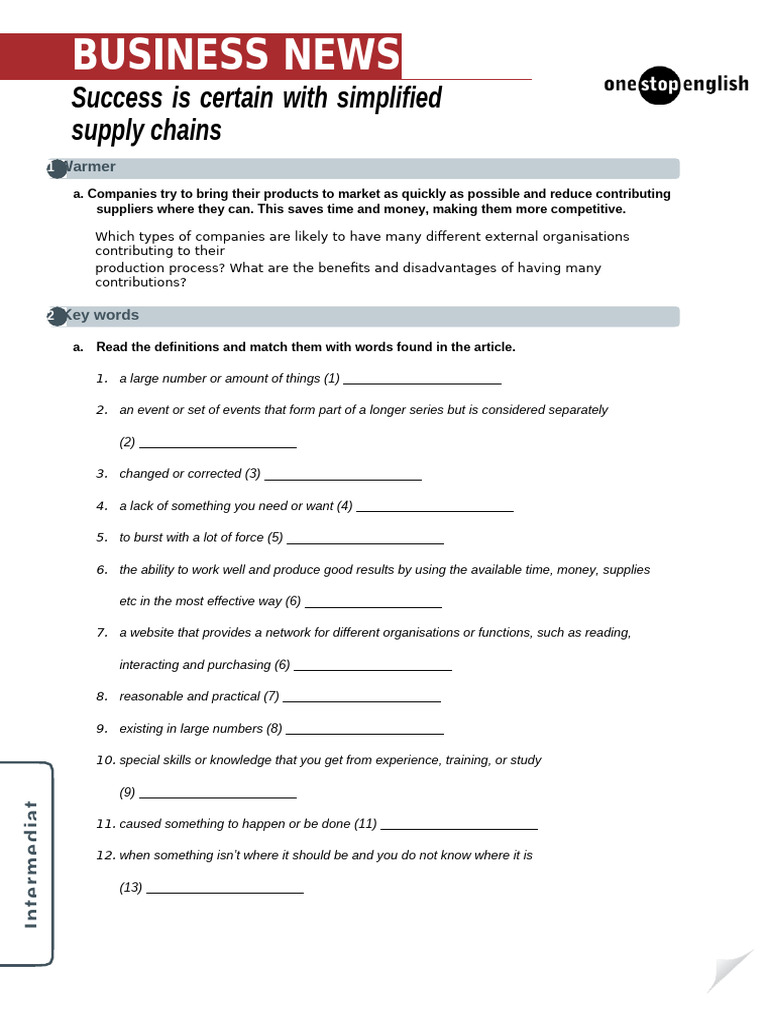 Businessnews Simplified Supply Chains Intermediate Worksheet 408532 ...
