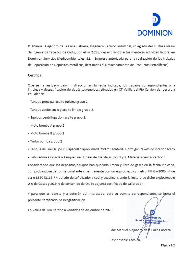 Certificado de Desgasificación GASOIL G2 - 22 - 12 - 20 | PDF