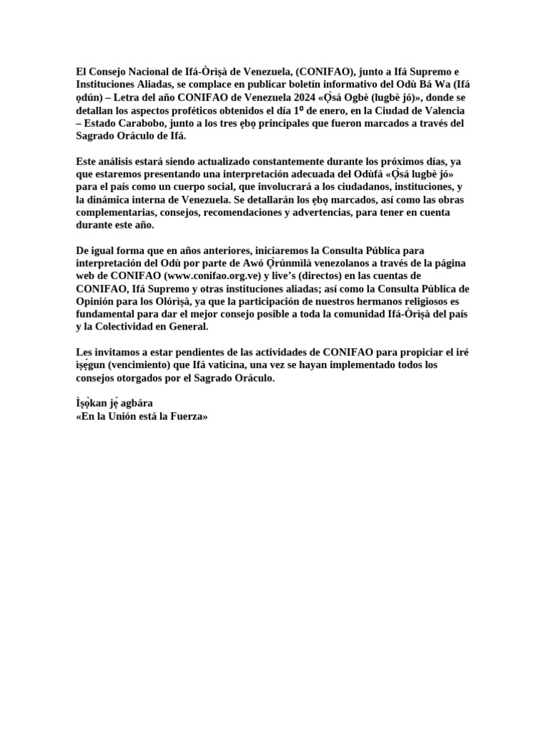 El Consejo Nacional de Ifá Del La Letra Del Año 2024 | PDF