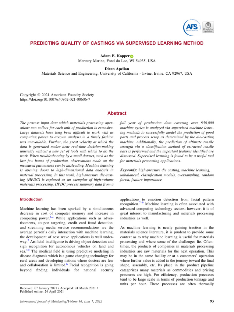 Predicting Quality of Castings Via Supervised Learning Method | PDF | Machine Learning | Cross ...