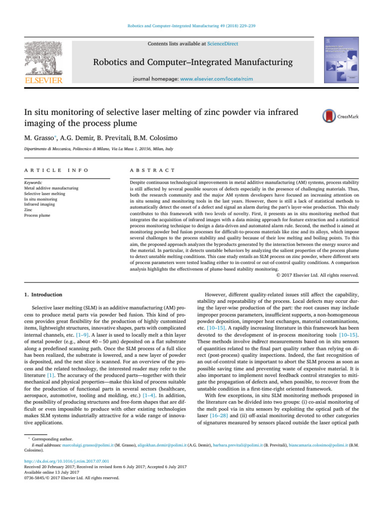 In Situ Monitoring of Selective Laser Melting of Zinc Powder Via ...