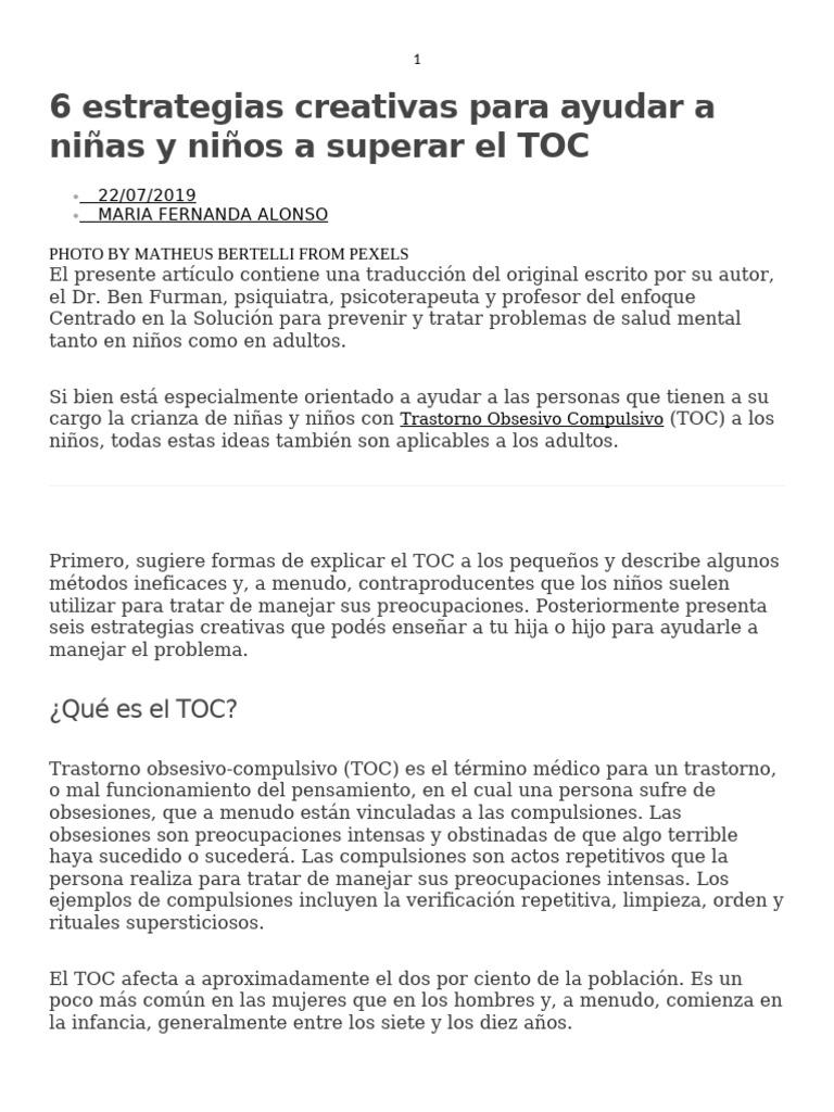 6 Estrategias Creativas para Ayudar A Niñas y Niños A Superar El TOC | PDF | Desorden obsesivo ...