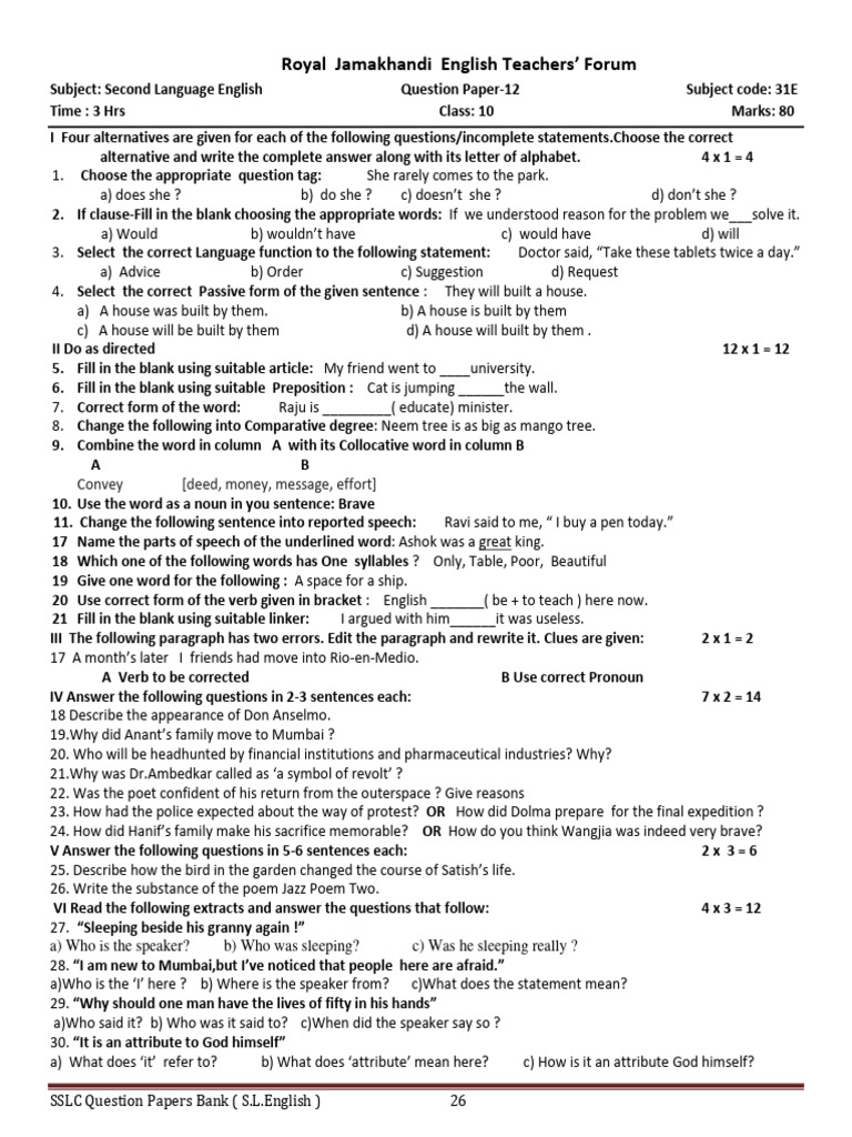 10th STD SL English Model Question Paper-12 2023-24 by Royal Jamakhandi ...