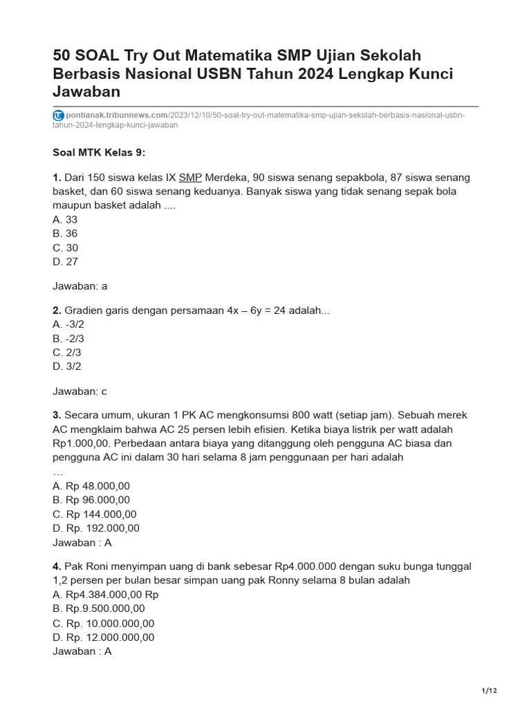 pontianak.tribunnews.com-50 SOAL Try Out Matematika SMP Ujian Sekolah Berbasis Nasional USBN ...