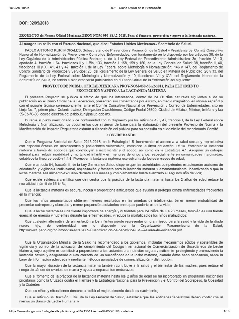Dof - Nom 050 | PDF | Amamantamiento | La leche materna
