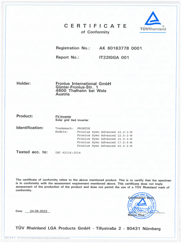 SE CER TUEV Conformity IEC 62116 Fronius Symo ADV EN | PDF