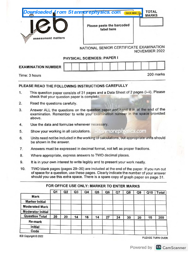 IEB Physical Science Grade 12 November 2022 P1 Only | PDF