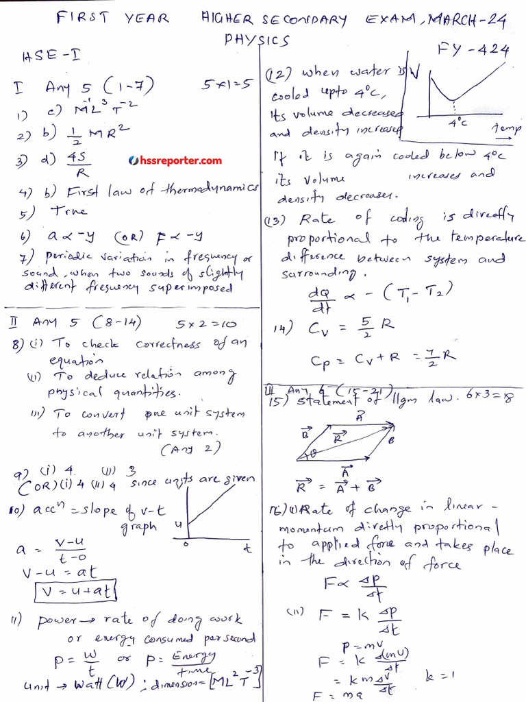 Physics 1st YrHSE March24 Answerkey Hssreporter - Com | PDF