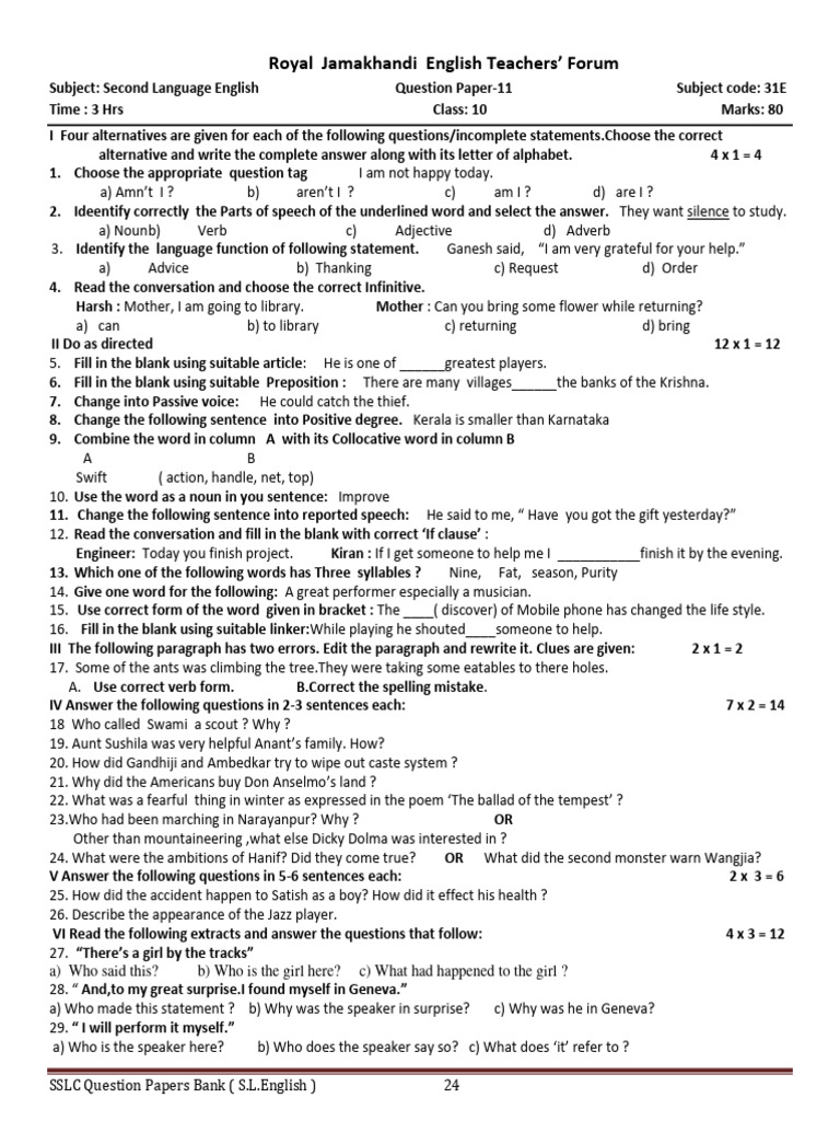 10th STD SL English Model Question Paper-11 2023-24 by Royal Jamakhandi ...