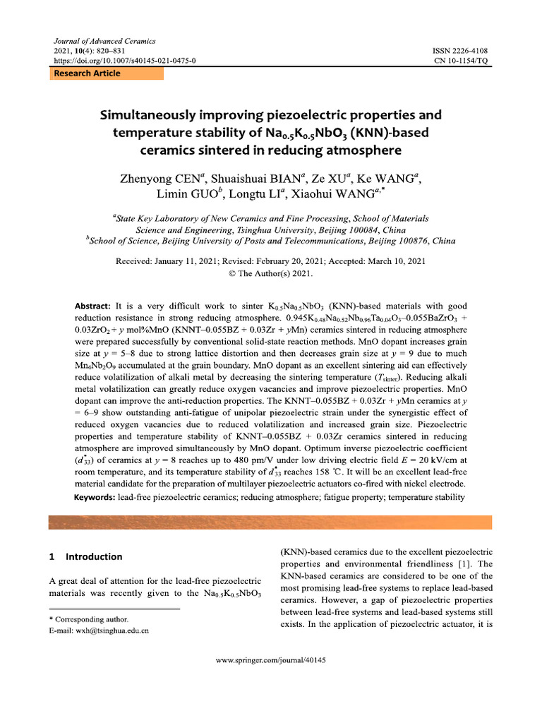 Simultaneously Improving Piezoelectric Properties and Temperature Stability of Na0.5K0.5NbO3 ...