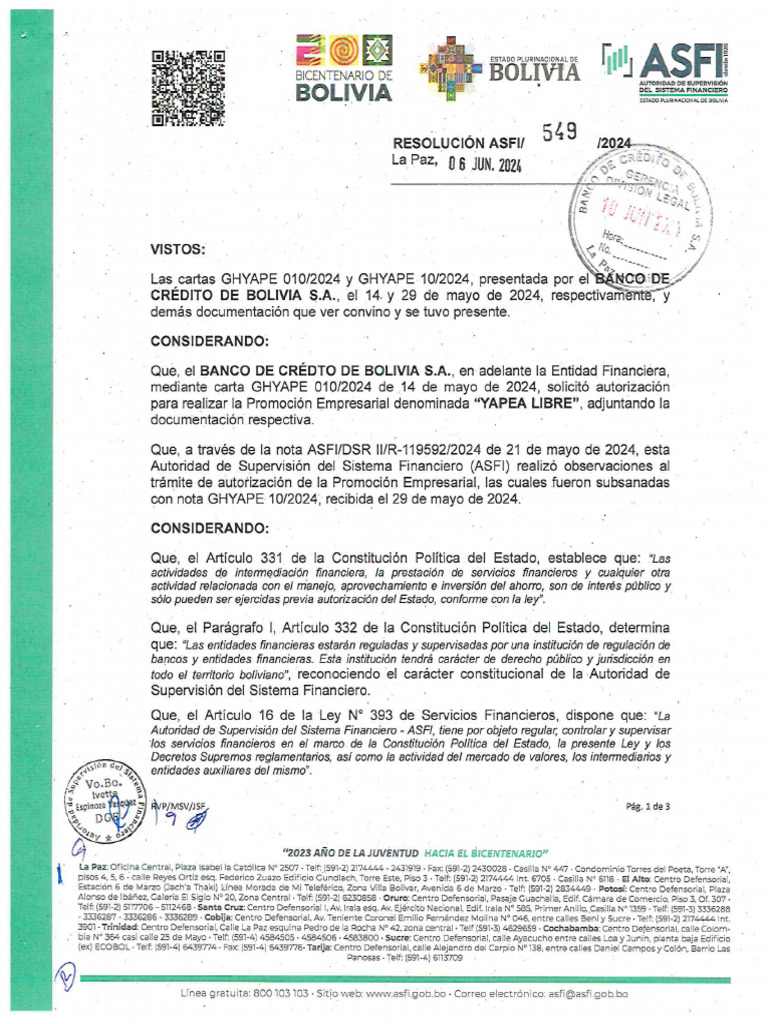 Resolución ASFI - Yapea Libre | PDF