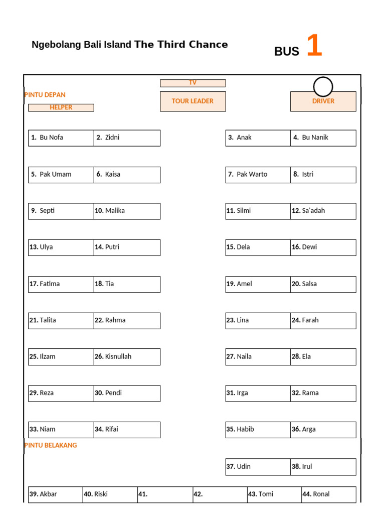 Bus Seat Plan for Bali Tour | PDF