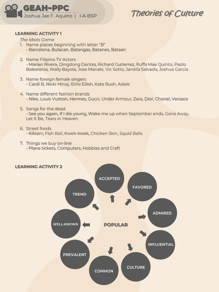 THEORIES OF CULTURE_ACTIVITIES 1-9 | PDF