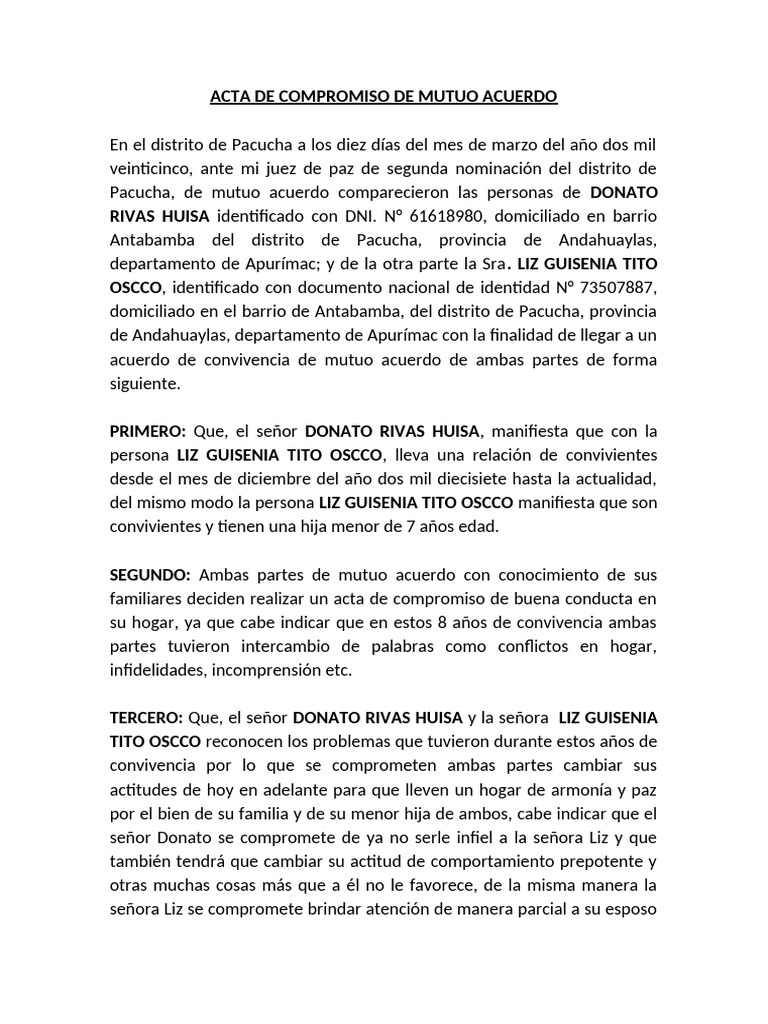 Acta de Compromiso de Mutuo Acuerdo | PDF
