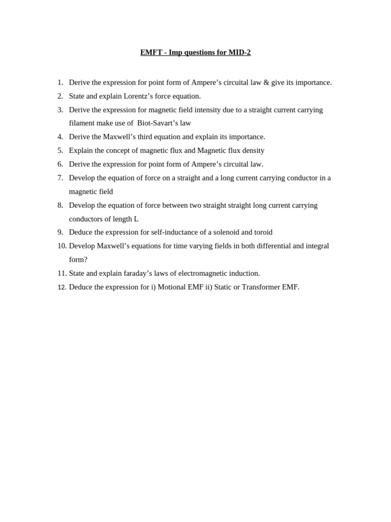 EMFT - Imp Questions For MID-2 | PDF