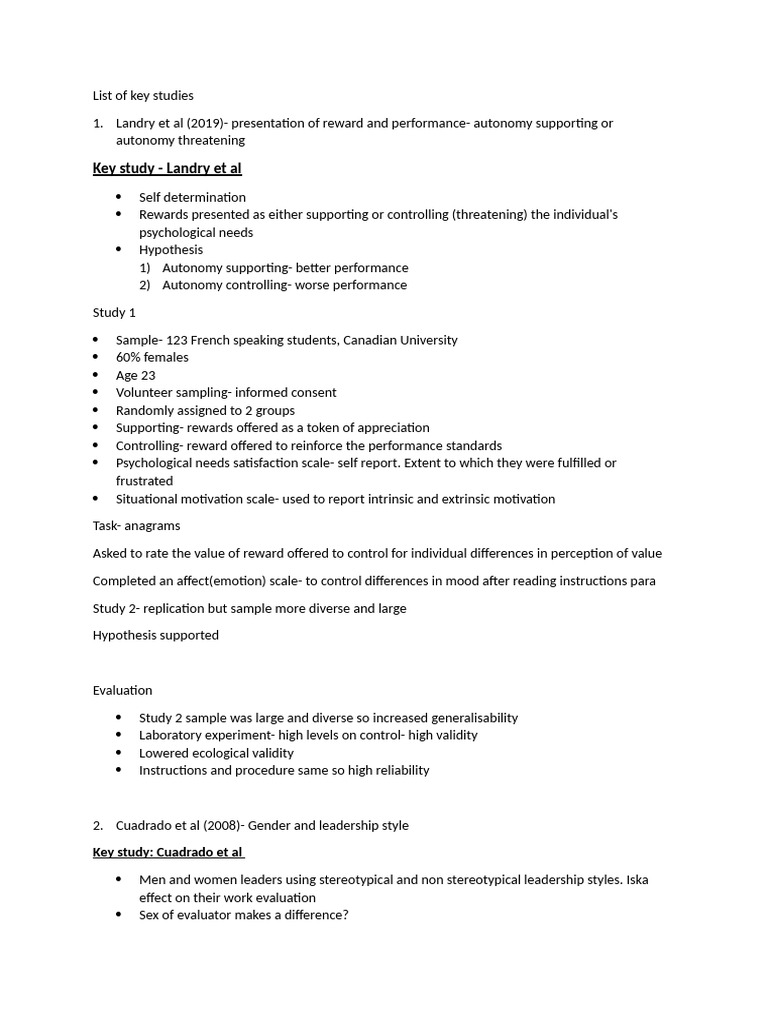 List of Key Studies | PDF | Psychology | Behavioural Sciences