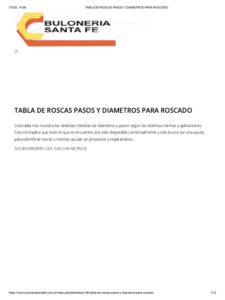 Tabla de Roscas y Pasos para Roscado | PDF