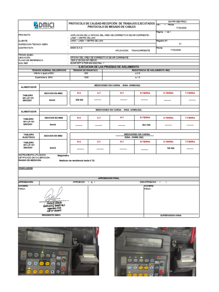 FR021-PROTOCOLO DE MEGADO DE CABLES REV1-TOMAS | PDF | Electricidad ...