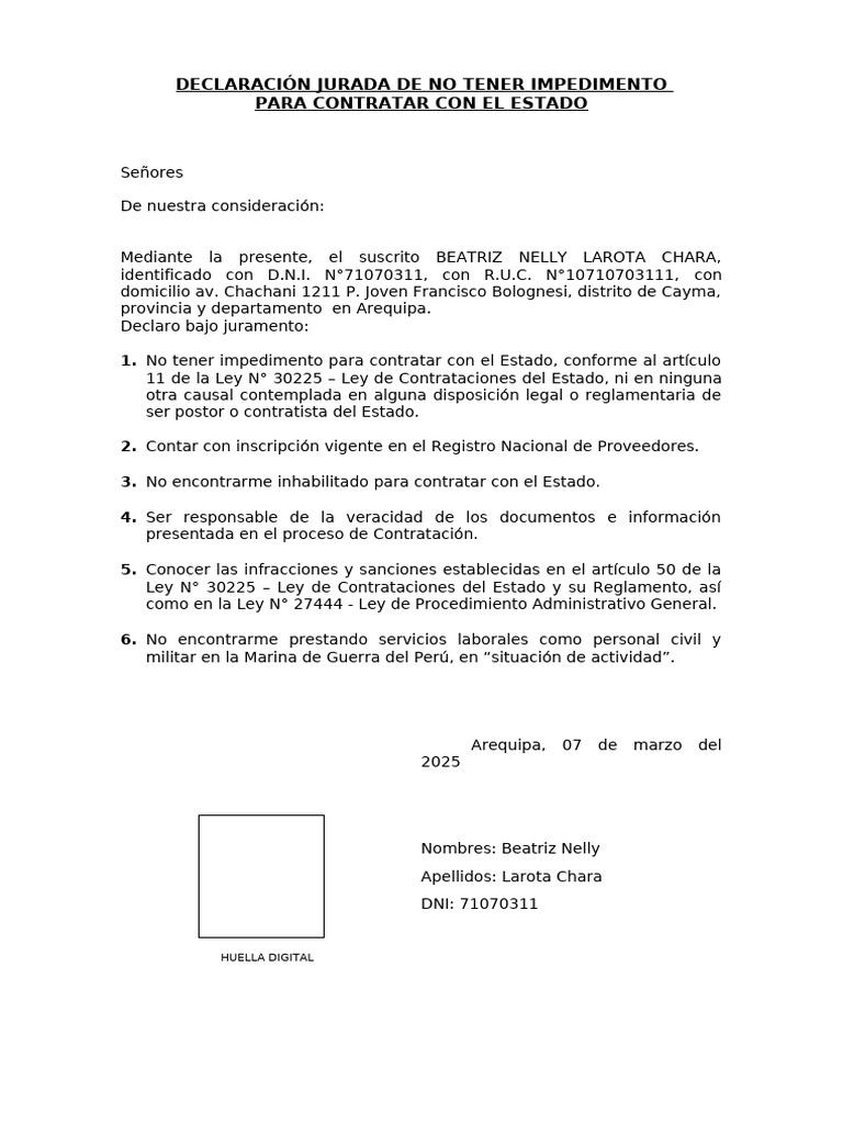 Anexo 4. Declaración Jurada - No Impedimento. Estado | PDF